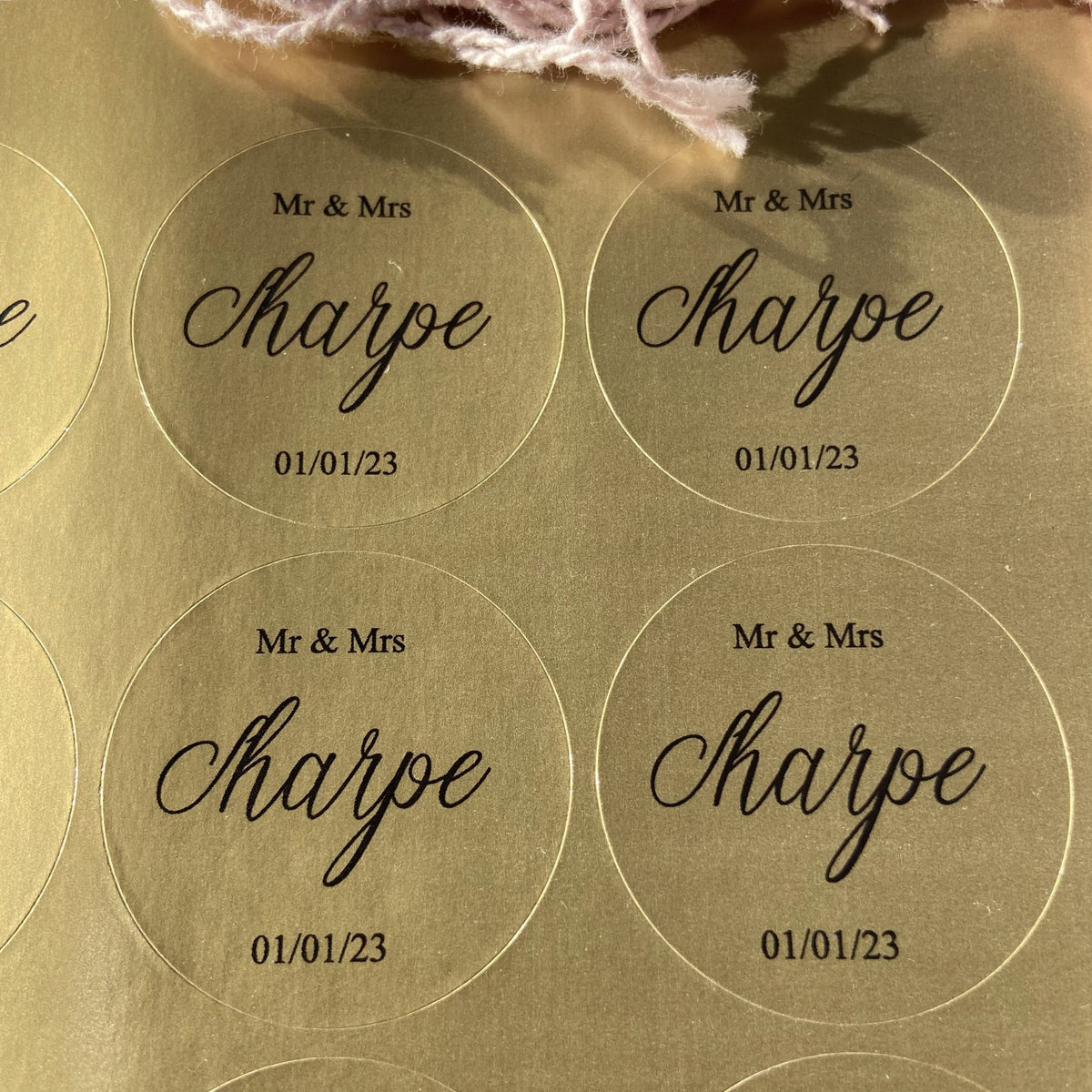 Metallic Gold Personalised Stickers - Mr & Mrs Design 2 | Confetti Bee