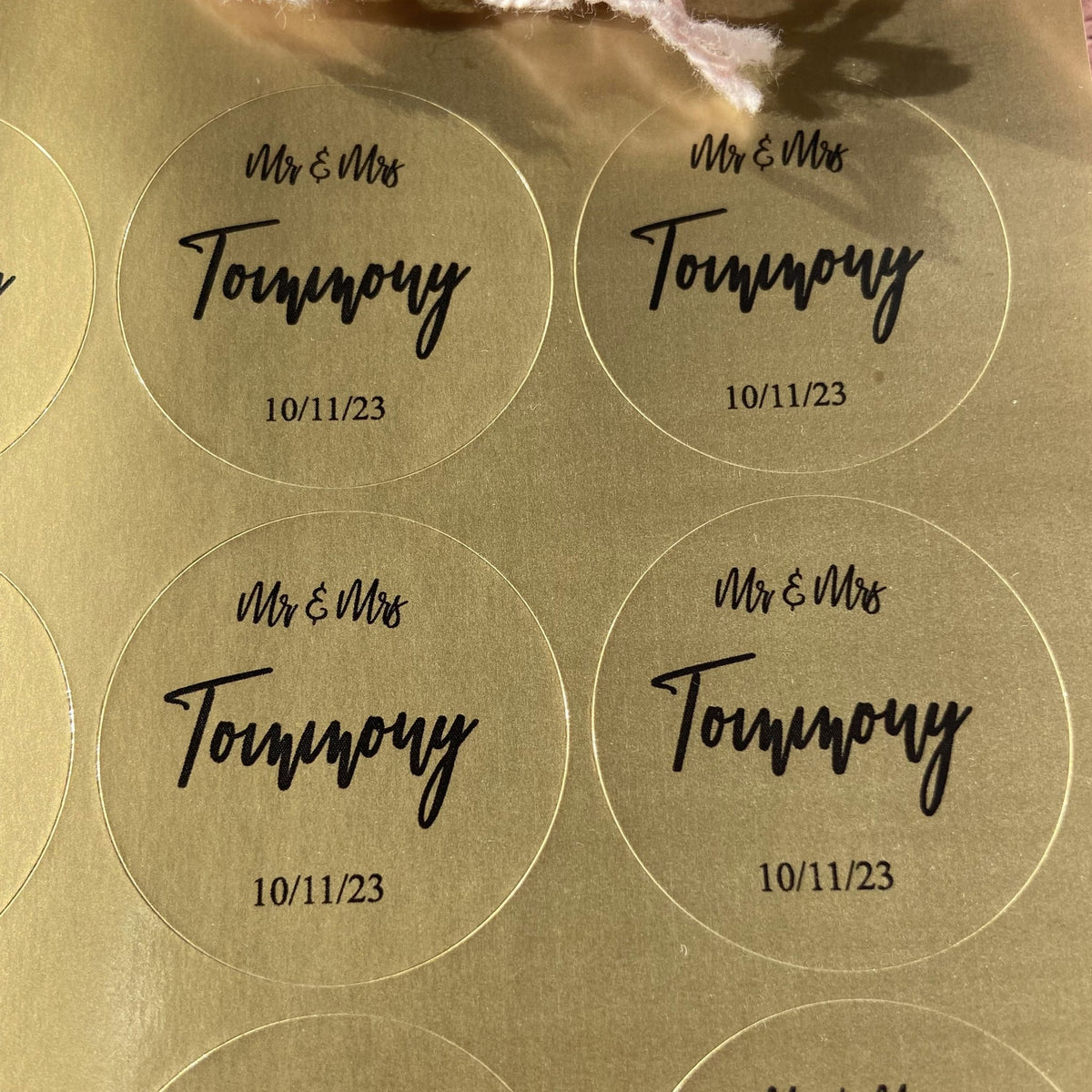 Metallic Gold Personalised Stickers - Mr & Mrs Design 3 | Confetti Bee